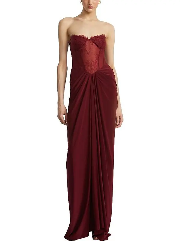 Bcbgmaxazria Lace Jersey Floor Sweeping Gown - Cabernet