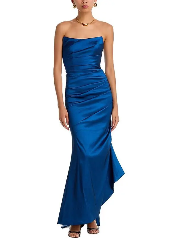 Aqua Long Ruched Taffeta Gown - Sapphire