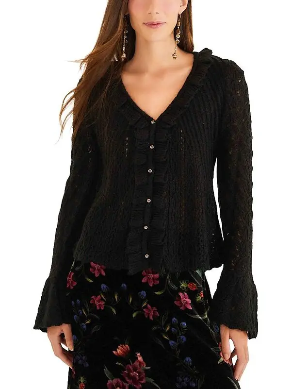 Farm Rio Lace Stitch Ruffle Cardigan - Black