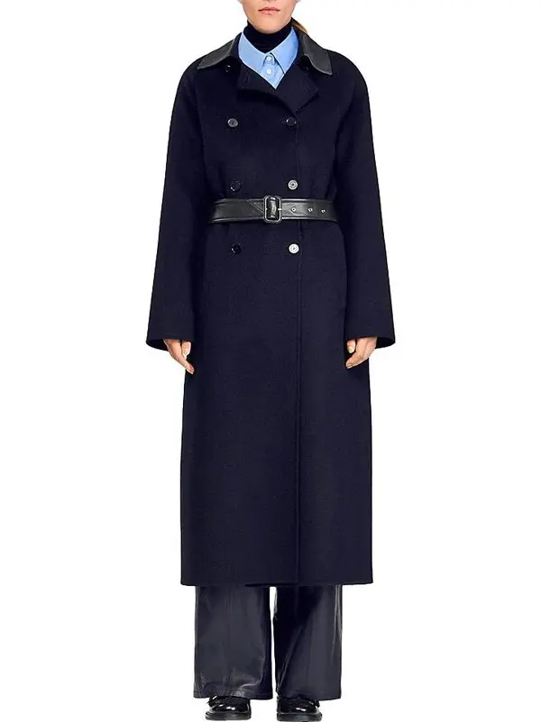 Sandro Long Wool And Leather Coat - Black