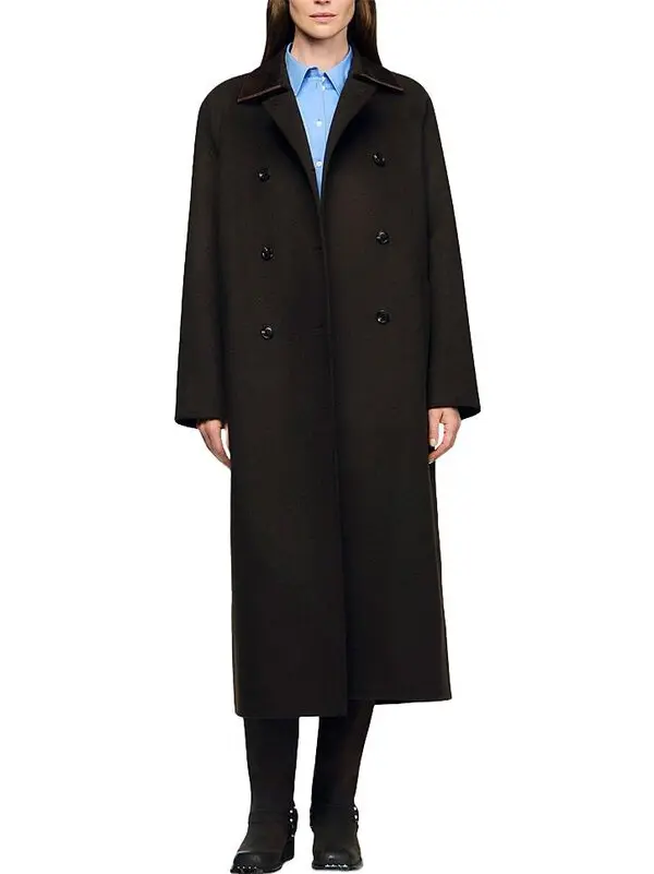 Sandro Long Wool And Leather Coat - Brown