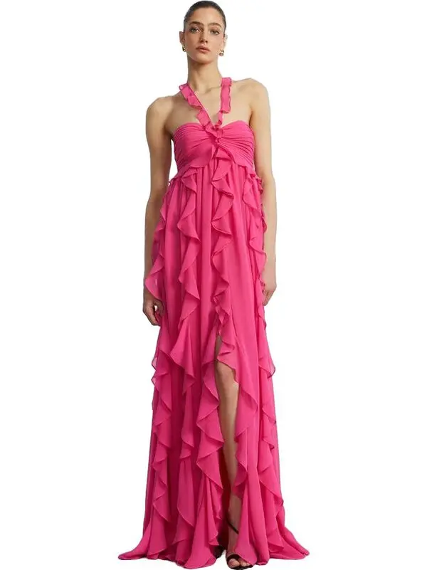 Bcbgmaxazria Ruffle Chiffon Halter Gown - Fuchsia Purple