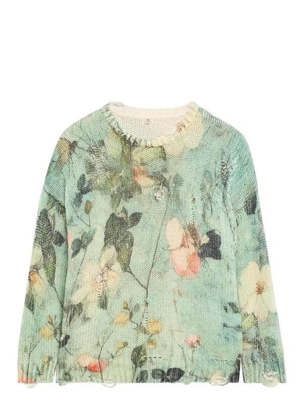 R13 Cashmere Floral Boyfriend Sweater - Turquoise Floral