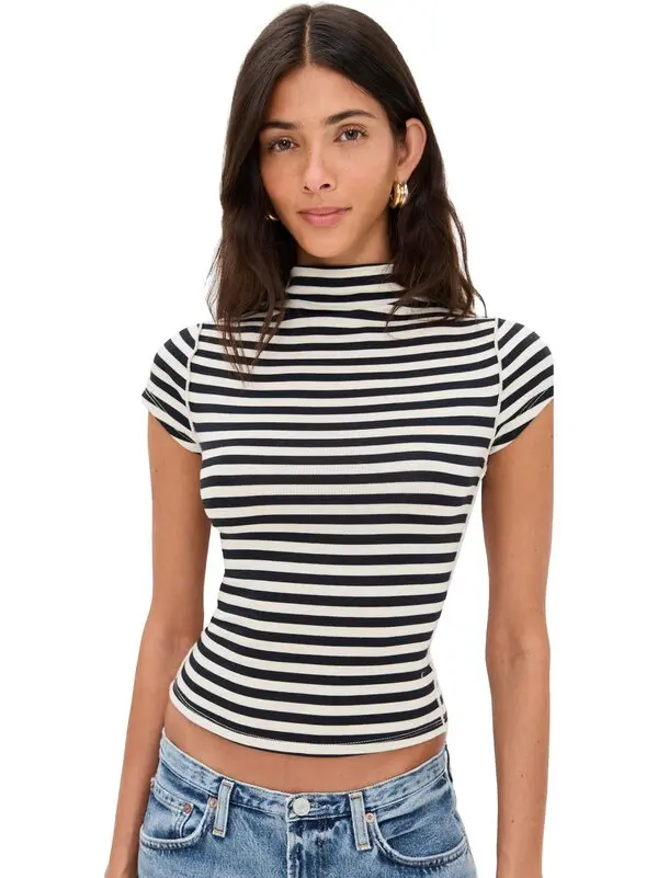 Free People Striped Mock Neck Tee - B&w Stripe