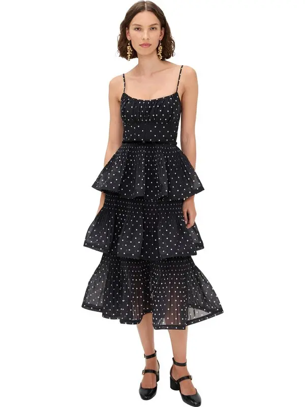 Zimmermann Pleated Tiered Midi Dress - Black/cream Polka Dot