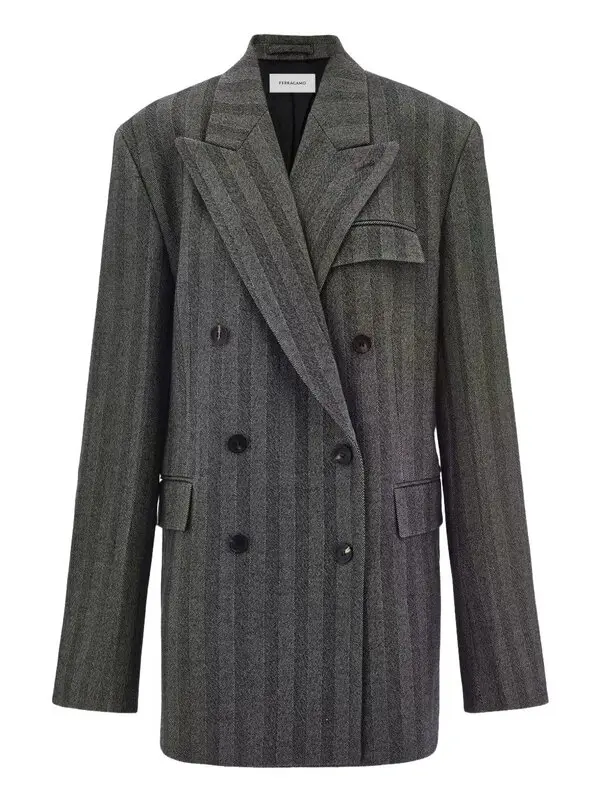 FERRAGAMO Chevron Virgin Wool Double-breasted Coat - Black