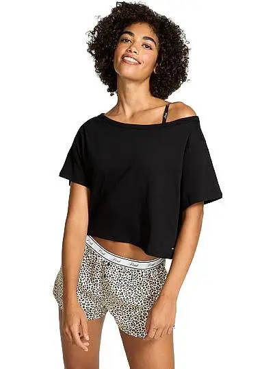 Pink Slouchy Cropped Sleepshirt - Black