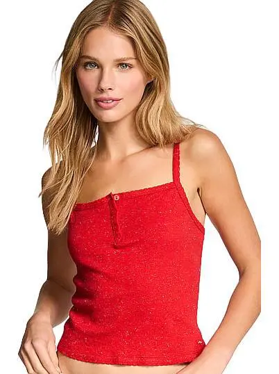 Pink Cotton Henley Cami - Red