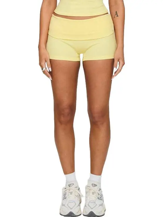 Princess Polly Baseline Foldover Rib Stretch Cotton Shorts - Yellow