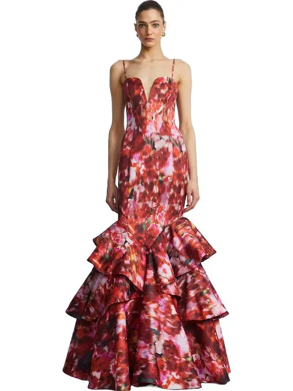 Bcbgmaxazria Printed Mikado Ruffle Ball Gown - Washed Rose Chili Pepper Print
