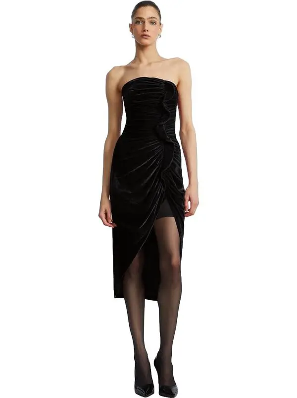 Bcbgmaxazria Strapless Velvet Ruffle Midi Dress - Black