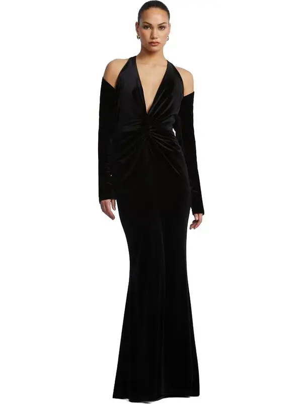 Bcbgmaxazria Long Sleeve Halter Velvet Gown - Black