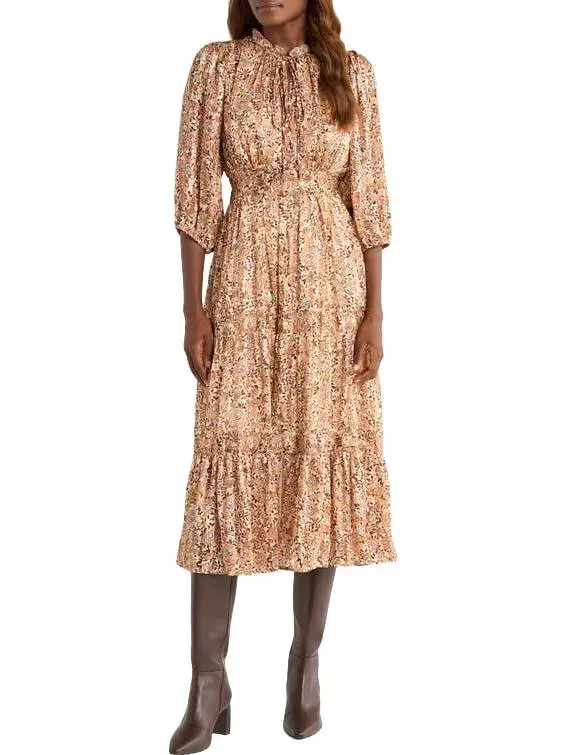 MELLODAY Print Long Sleeve Tiered Maxi Dress - Taupe Floral