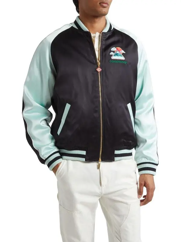 Casablanca Embroidered Satin Bomber Jacket - Black