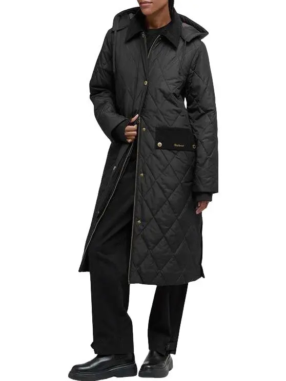 Barbour Meredith Quilted Long Coat With Hood - Black/classic Tartan