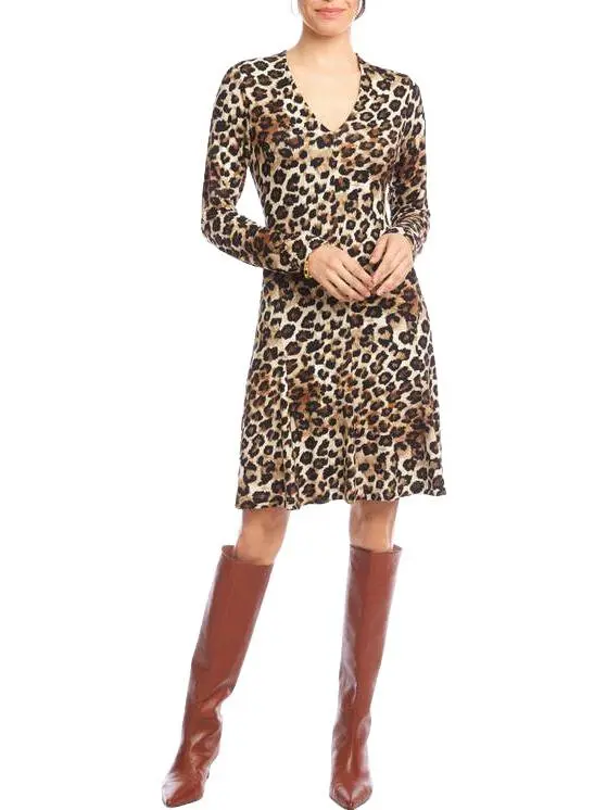 Karen Kane Print Long Sleeve Fit & Flare Dress - Leopard