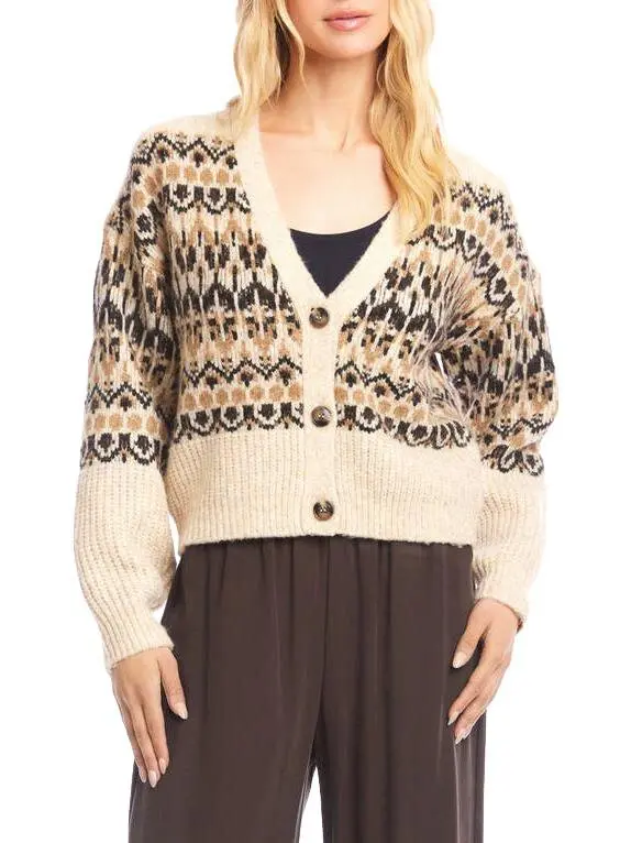 Karen Kane Jacquard V-neck Cardigan - Beige Multi