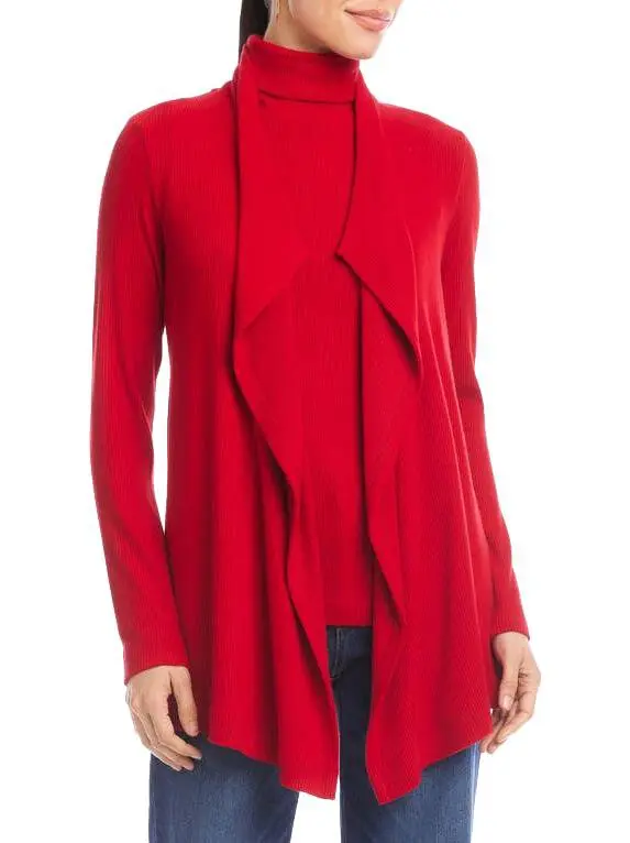 Karen Kane Rib Draped Open Front Cardigan - Red