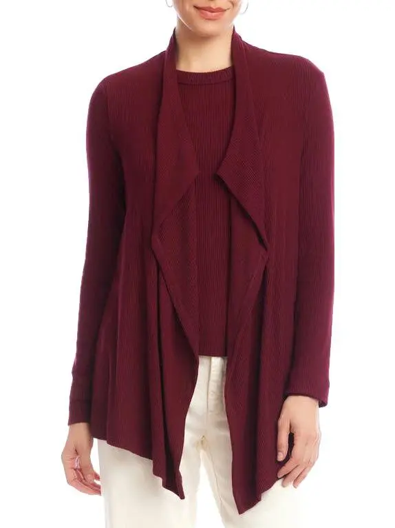 Karen Kane Rib Draped Open Front Cardigan - Wine