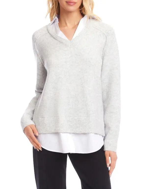 Karen Kane Mixed Media Layered Sweater - Light Heather Gray