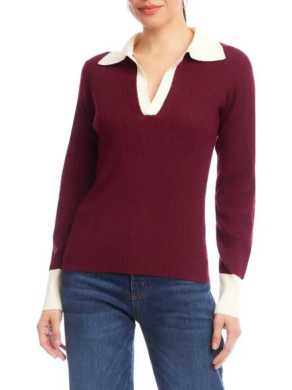 Karen Kane Contrast Rib Polo Sweater - Wine/cream