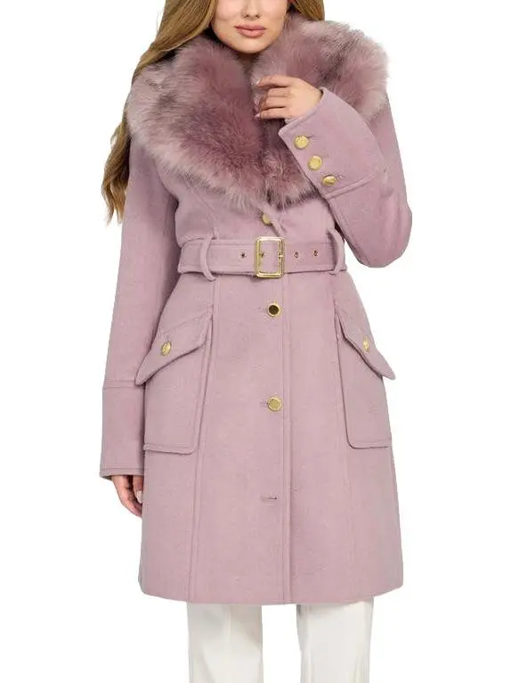 MARCIANO Alice Belted Coat With Removable Faux Fur Collar - Purple