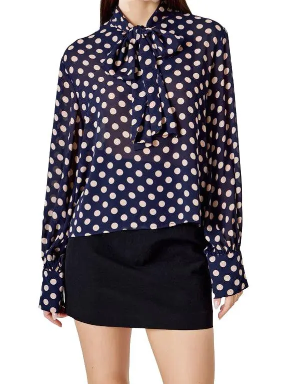 Endless Rose Polka Dot Tie Neck Top - Navy/pink