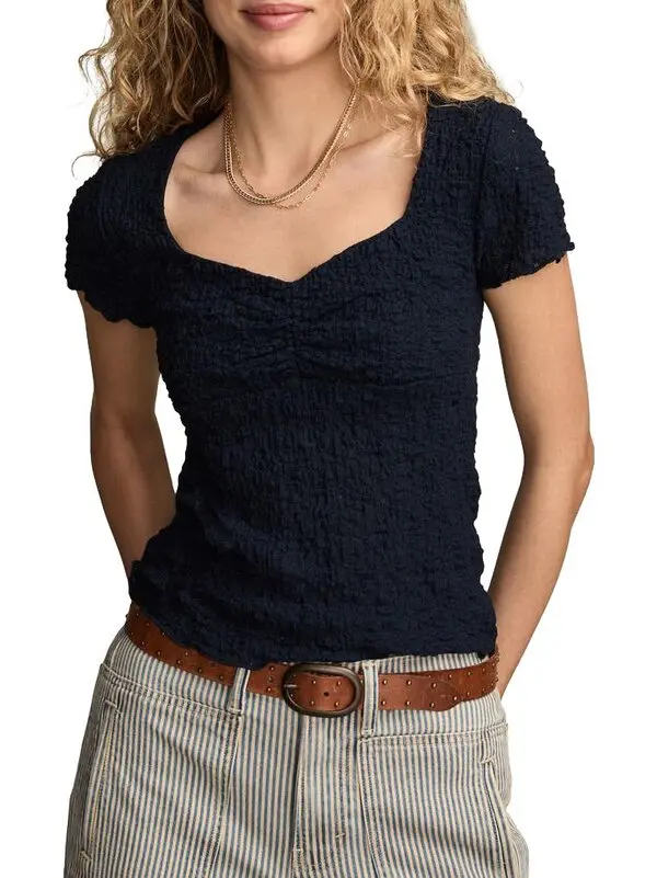 Lucky Brand Textured Sweetheart Neck Knit Top - Black Iris
