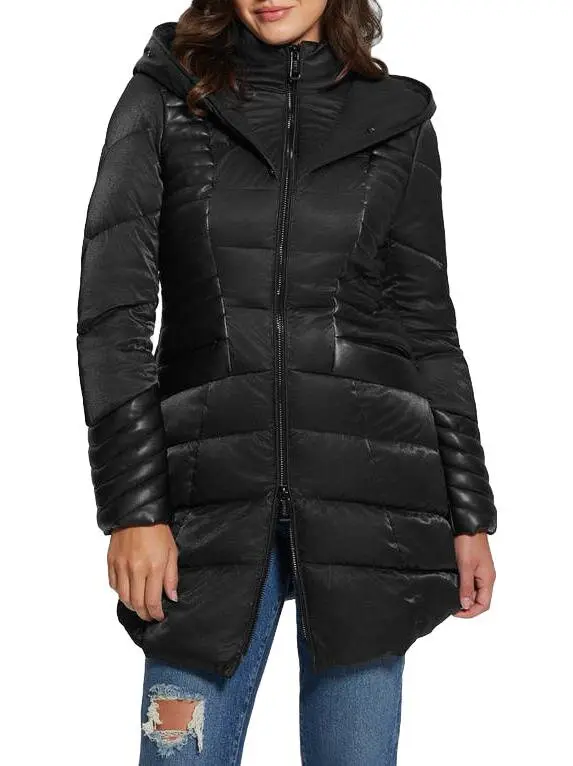 Guess Mixed Media Puffer Coat - Black-black