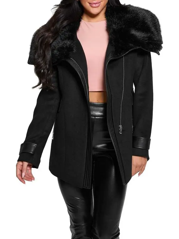 Guess Lilia Melton Coat With Faux Fur Trim - Black-black