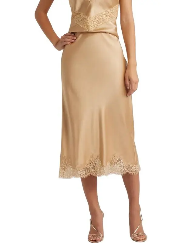 LoveShackFancy Malina Lace Detail Silk Skirt - Camel Charm