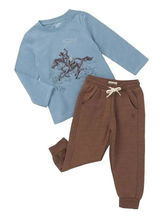 HATLEY Ranch Long Sleeve Embroidered Graphic T-shirt & Joggers Set - Light Blue