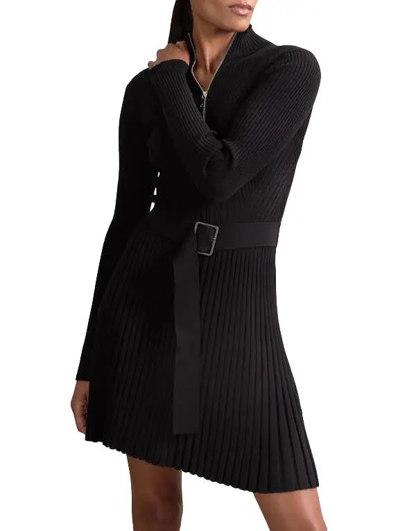 REISS Long Sleeve Half Zip Ribbed Sweater Dress - Black