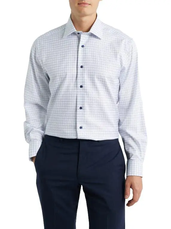 David Donahue Regular Fit Dobby Check Dress Shirt - White/navy