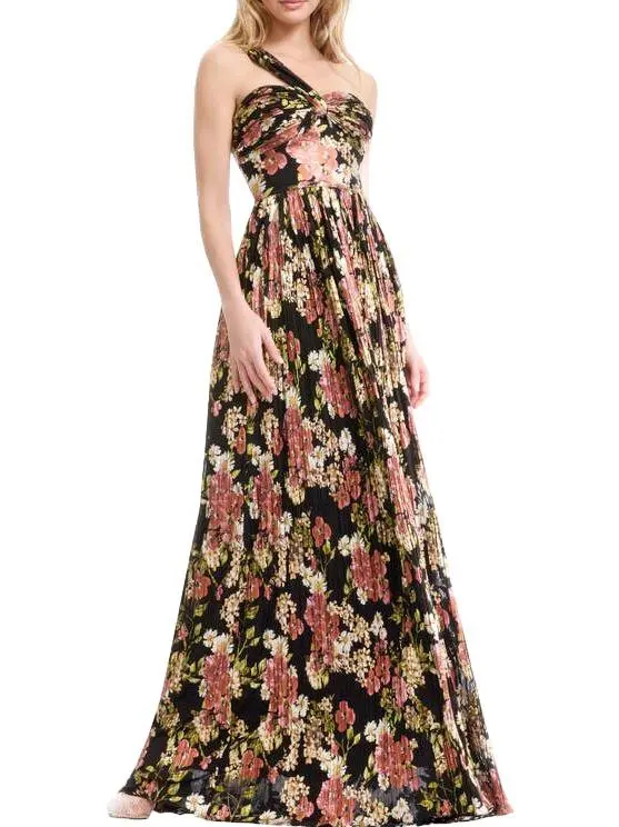 Dress The Population Idalia Asymmetric Floral Gown - Black Multi