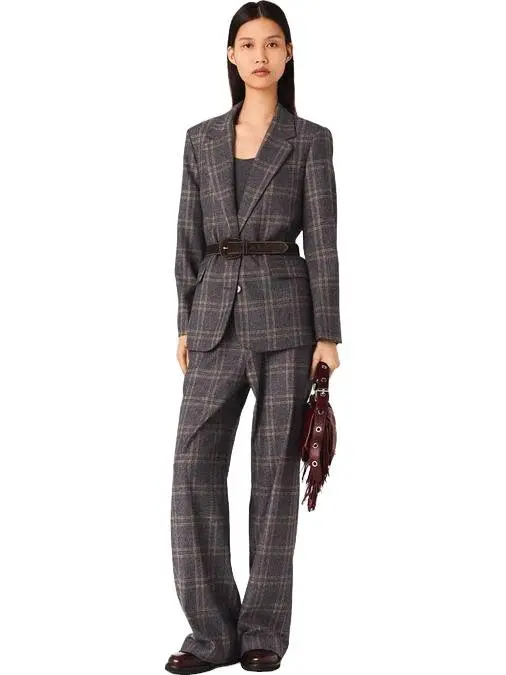 Maje Checkered Belted Suit Jacket - Black / White / Pink / Gray