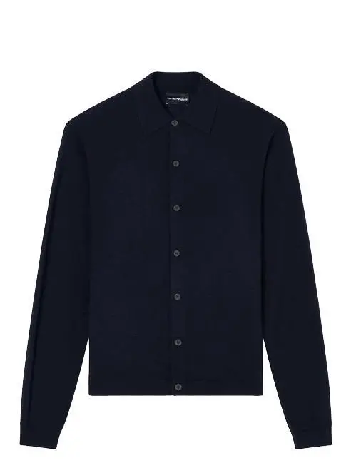 Emporio Armani Plain-knit Virgin Wool Cardigan - Navy