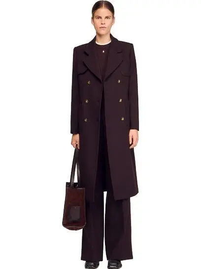 Sandro Long Double-breasted Coat - Brown