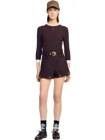 Sandro Rib Knit Sweater With Trompe L'oeil Trim - Brown