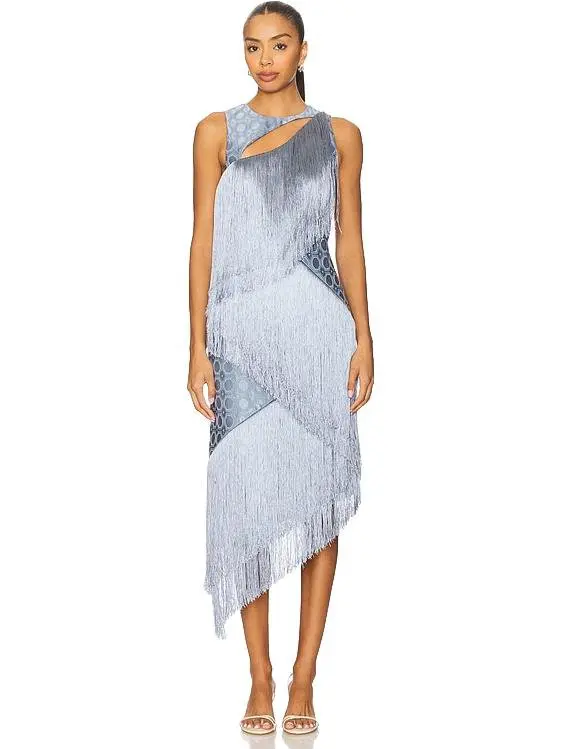 Alexis Costa Fringe Detail Dress - Blue Jacquard