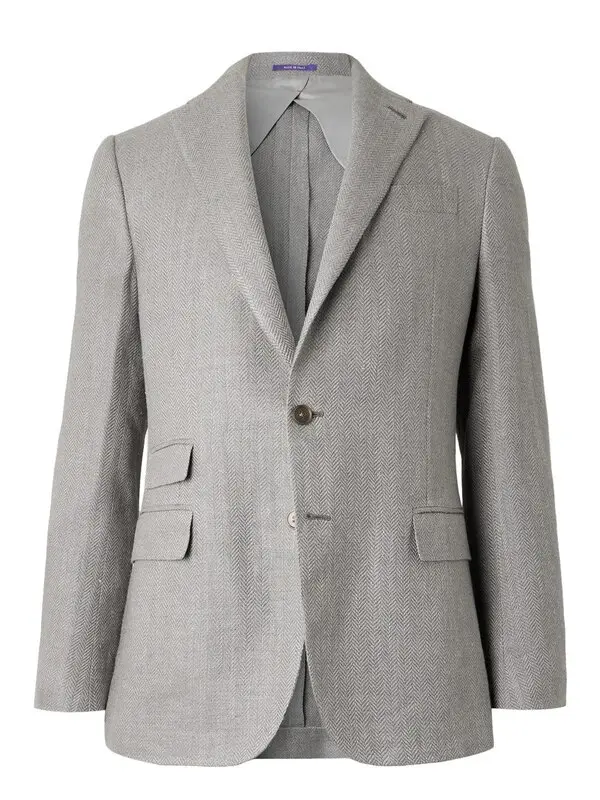 Ralph Lauren Purple Label Kent Herringbone Linen, Silk And Cotton-blend Suit Jacket - Gray