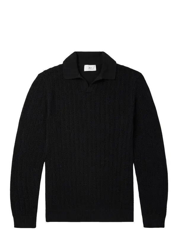Mr P. Open-knit Wool Polo Shirt - Black