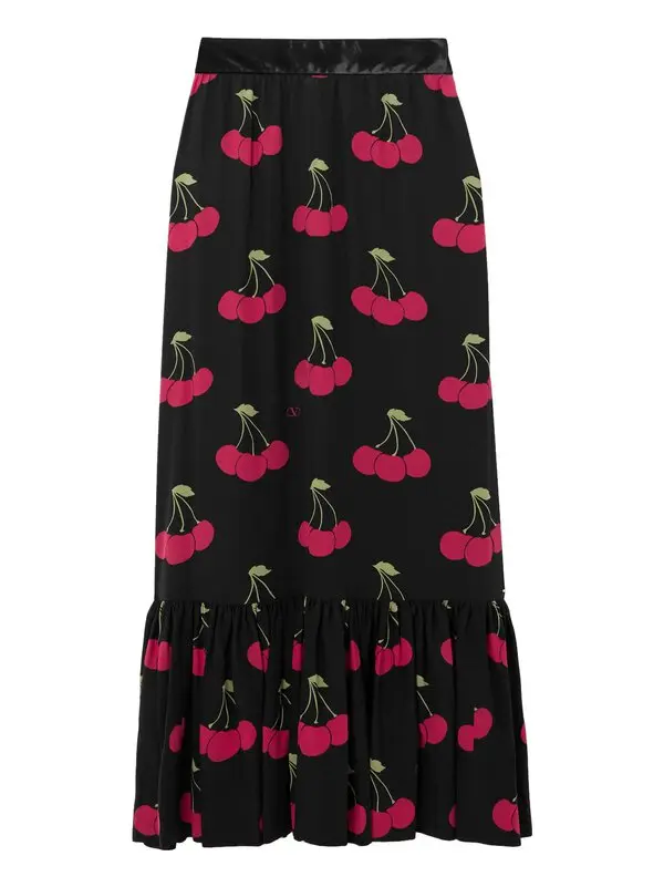 Valentino Garavani Velvet-trimmed Printed Silk-crepe Maxi Skirt - Black