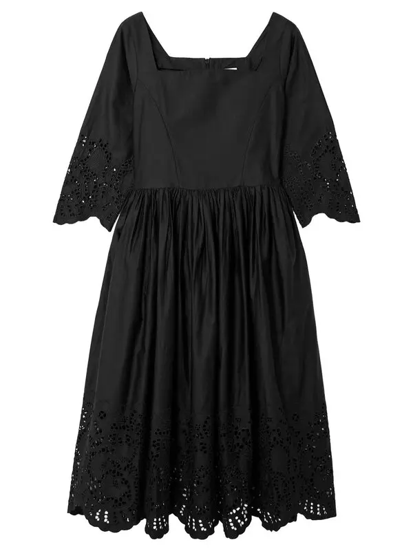 Thierry Colson Amalia Pleated Broderie Anglaise Cotton-poplin Midi Dress - Black
