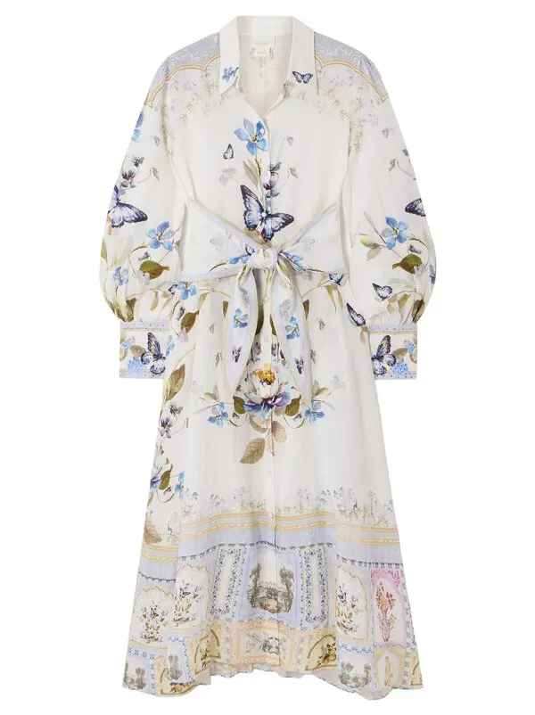 Camilla Belted Floral-print Linen Midi Shirt Dress - White