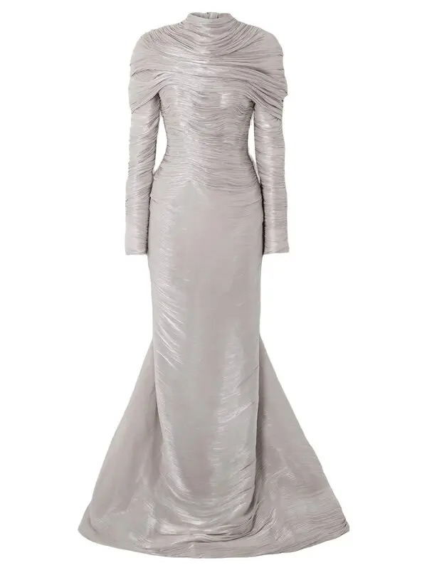 MARMAR HALIM Cape-effect Metallic Plissé-chiffon Gown - Silver