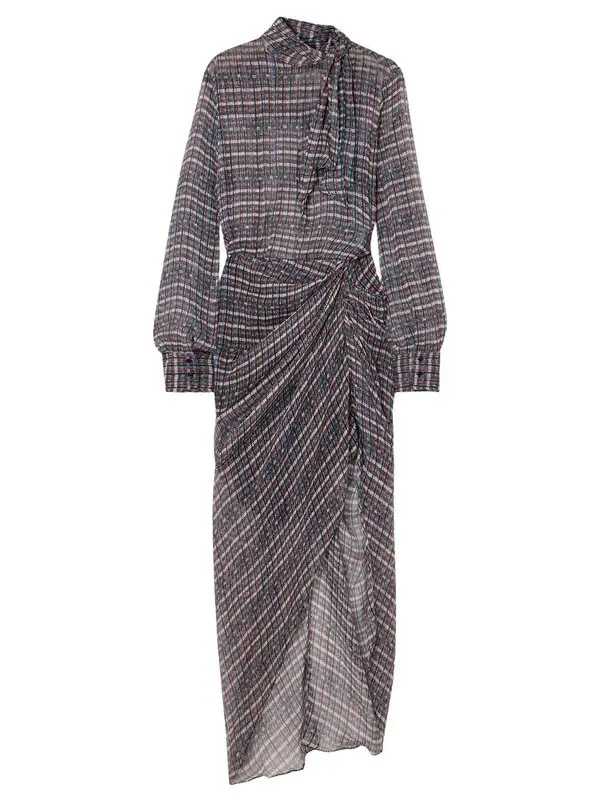 Isabel Marant Gloya Tie-neck Asymmetric Checked Silk-crepon Shirt Dress - Blue