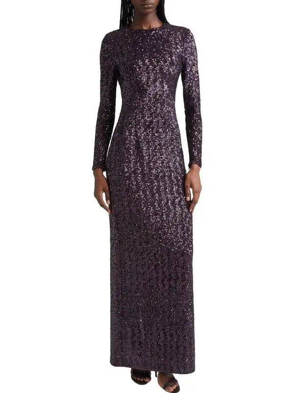 Michael Kors Sequin Long Sleeve Gown - Aubergine