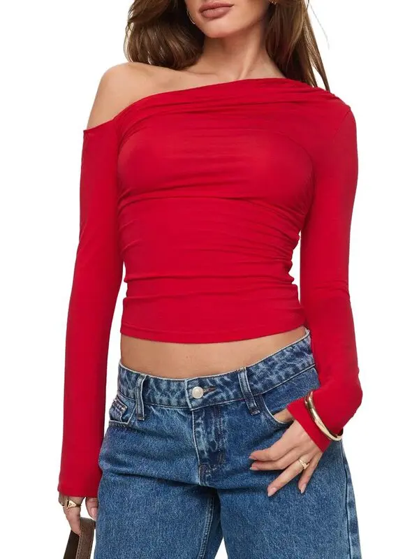 Princess Polly One-shoulder Long Sleeve Top - Red
