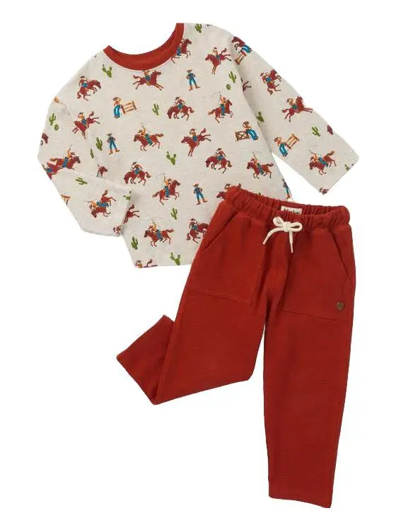 HATLEY On The Ranch Print Long Sleeve T-shirt & Sweatpants Set - Oatmeal Melange